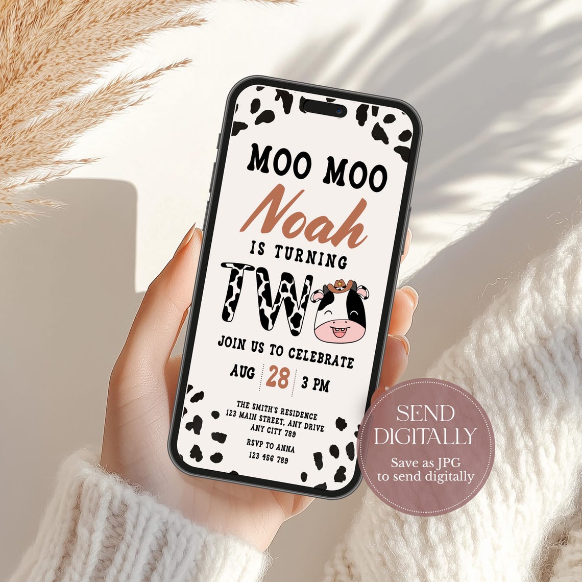 Holy Cow Moo Moo I'm Two Birthday Party Invitation Editable Cow Print ...