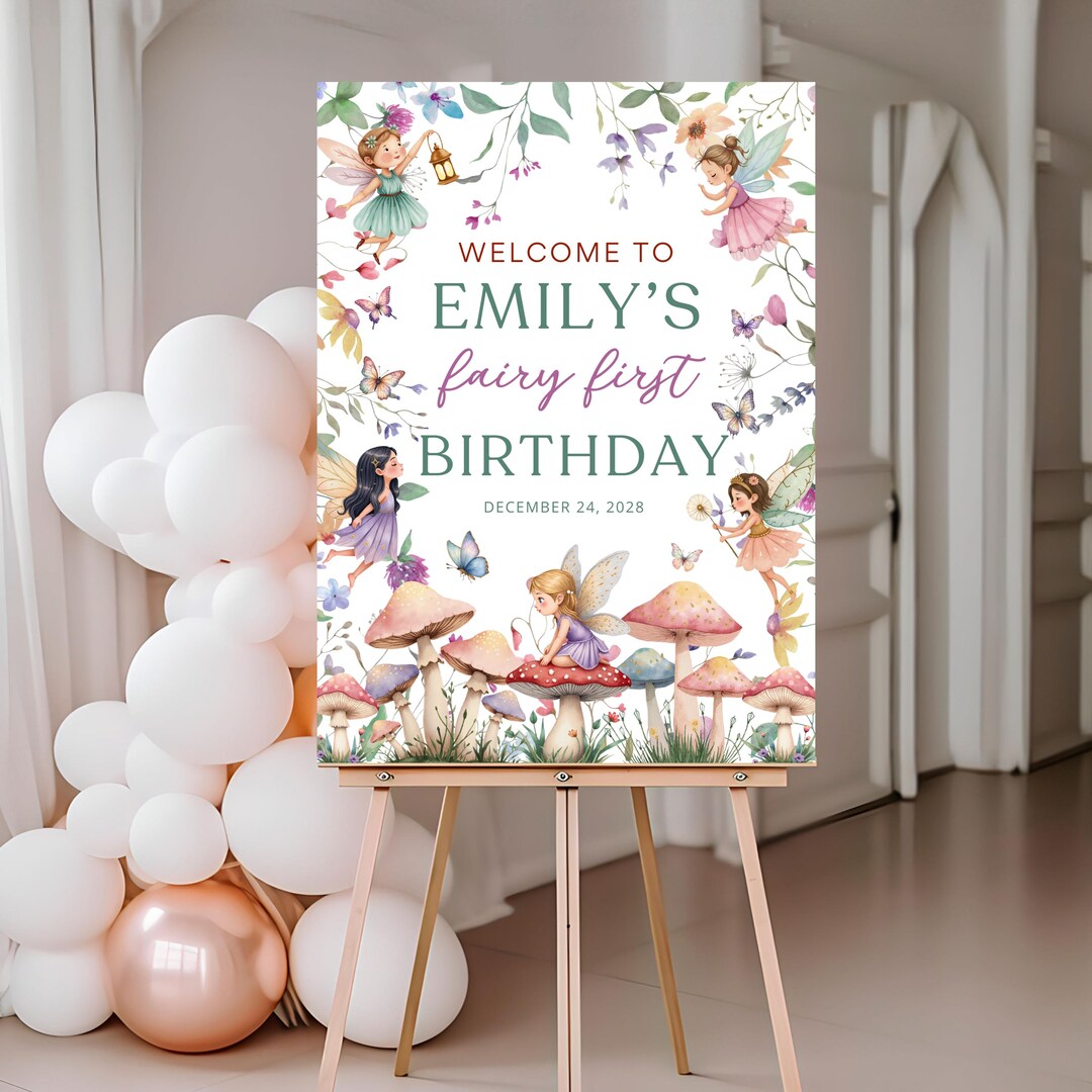Fairy First Birthday Welcome Sign Girl, Enchanted Garden Fairy Sign ...