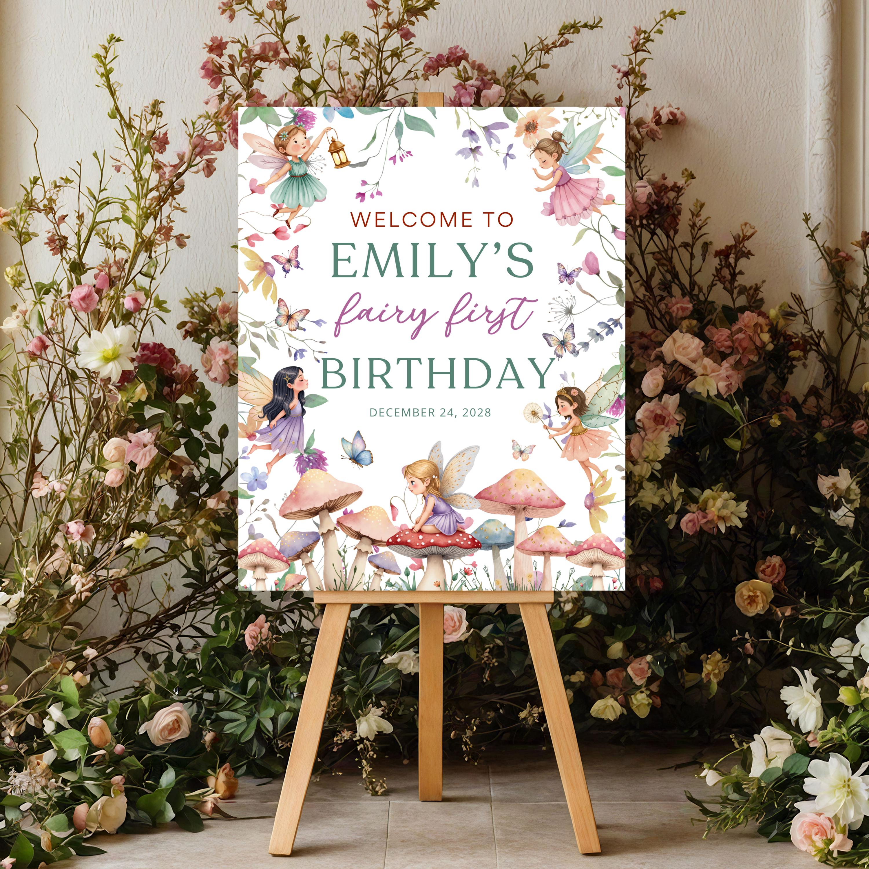 Fairy First Birthday Welcome Sign Girl, Enchanted Garden Fairy Sign ...