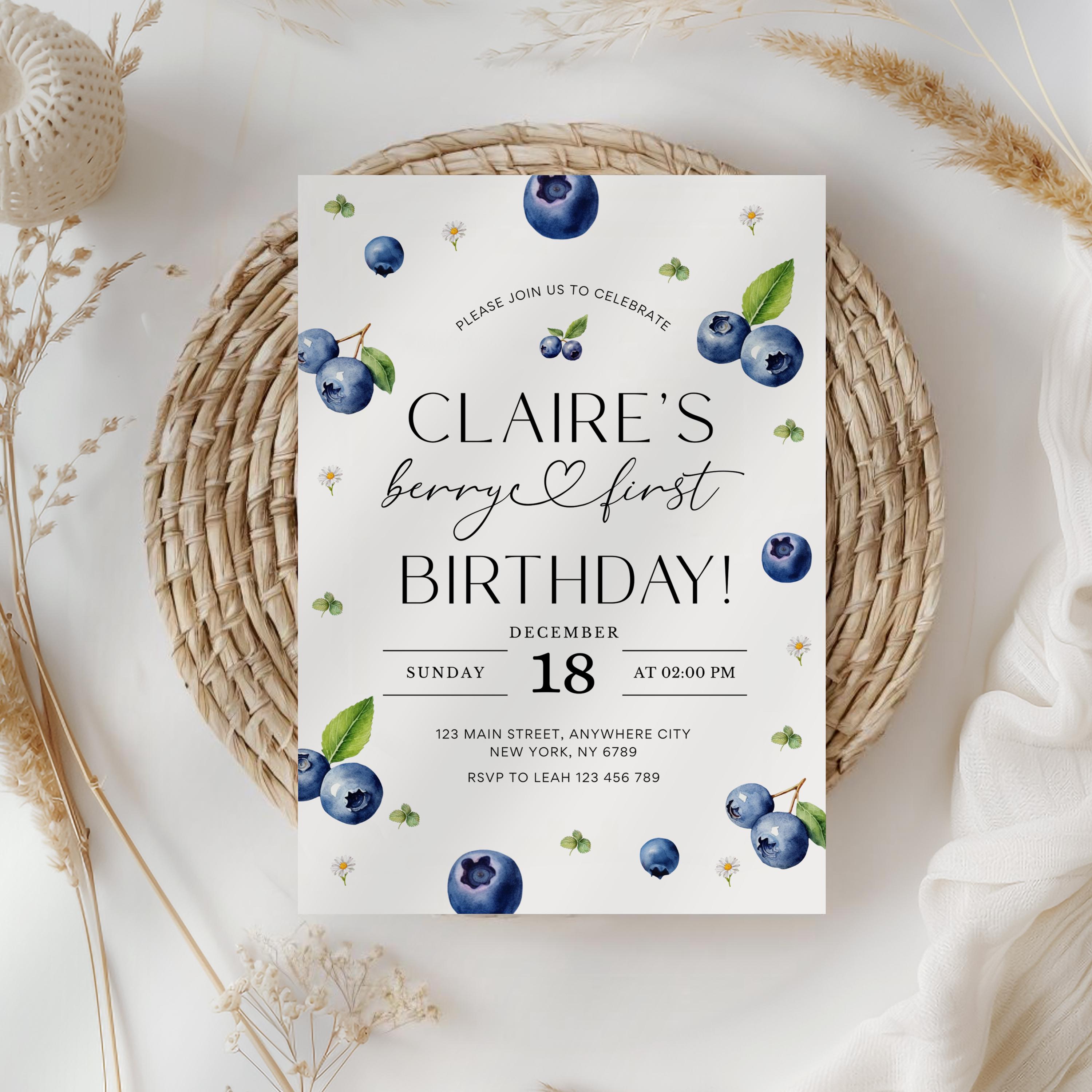 Editable Blueberry Birthday Invitation Template, Berry First Birthday ...