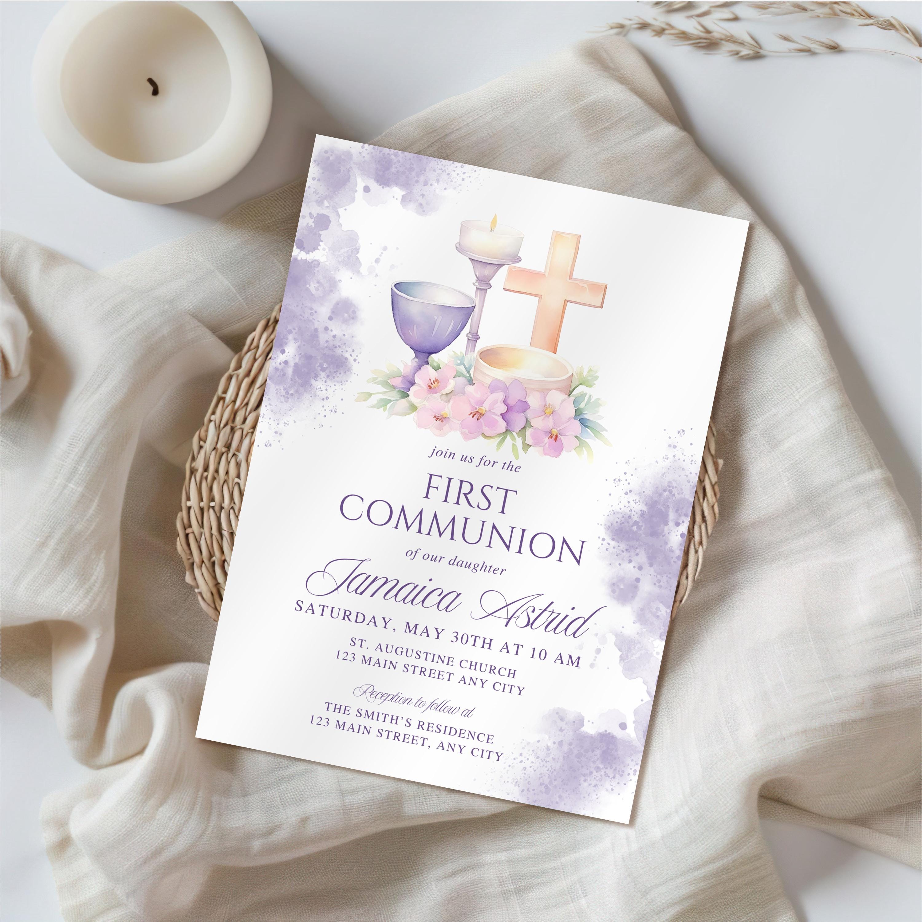 Lavender Girls First Communion Invitation Template Purple Classic ...