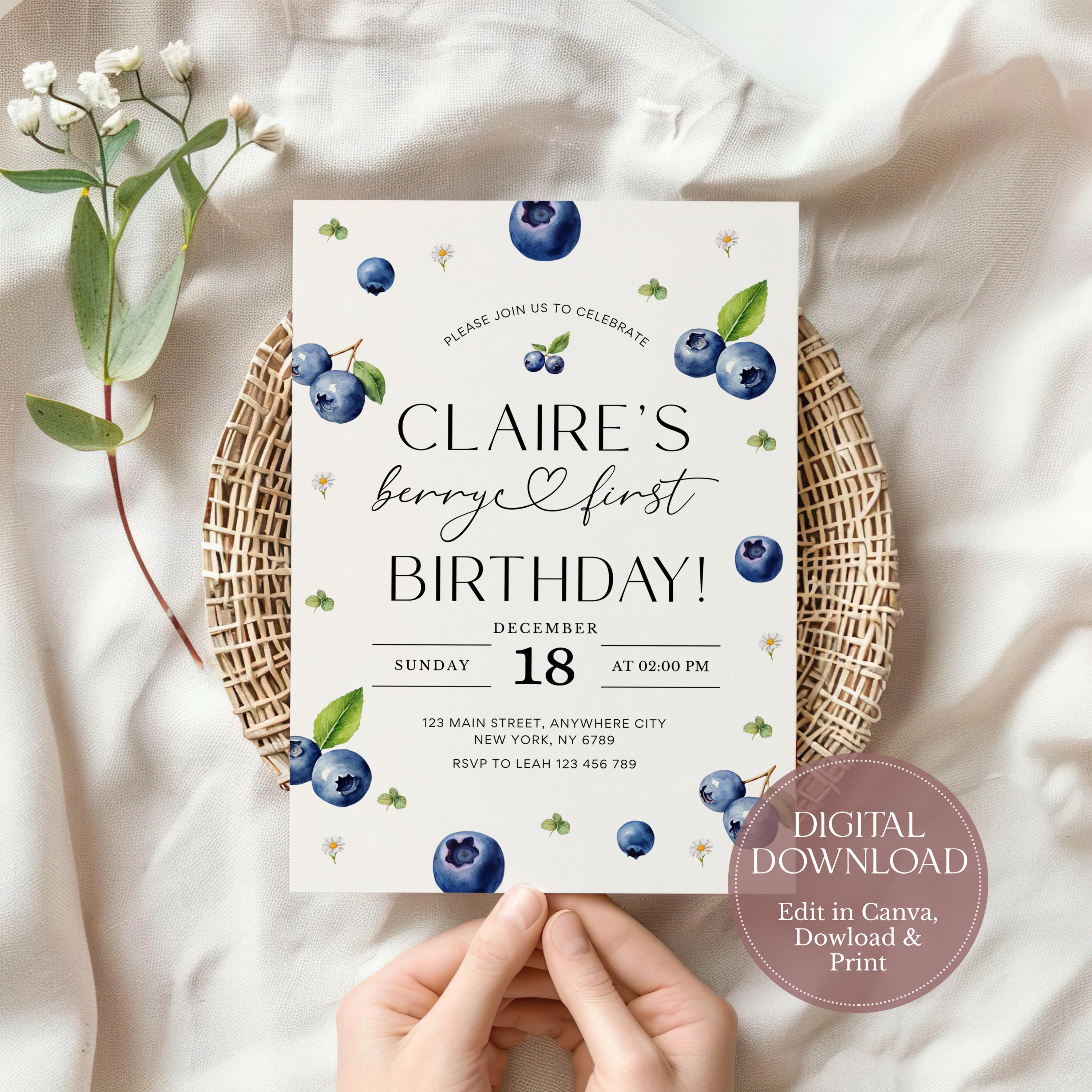 Editable Blueberry Birthday Invitation Template, Berry First Birthday ...