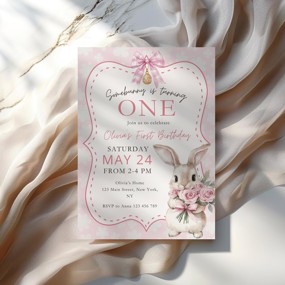 Some Bunny is Turning One Invitation, Floral Bunny First Birthday ...