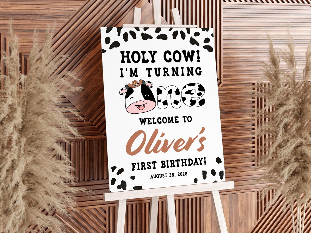 Cow Print Farm Animal Birthday Welcome Sign for Boy Turning 1 Year Old ...