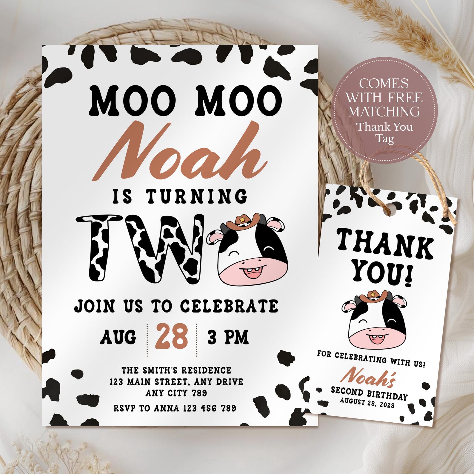 Holy Cow Moo Moo I'm Two Birthday Party Invitation Editable Cow Print ...
