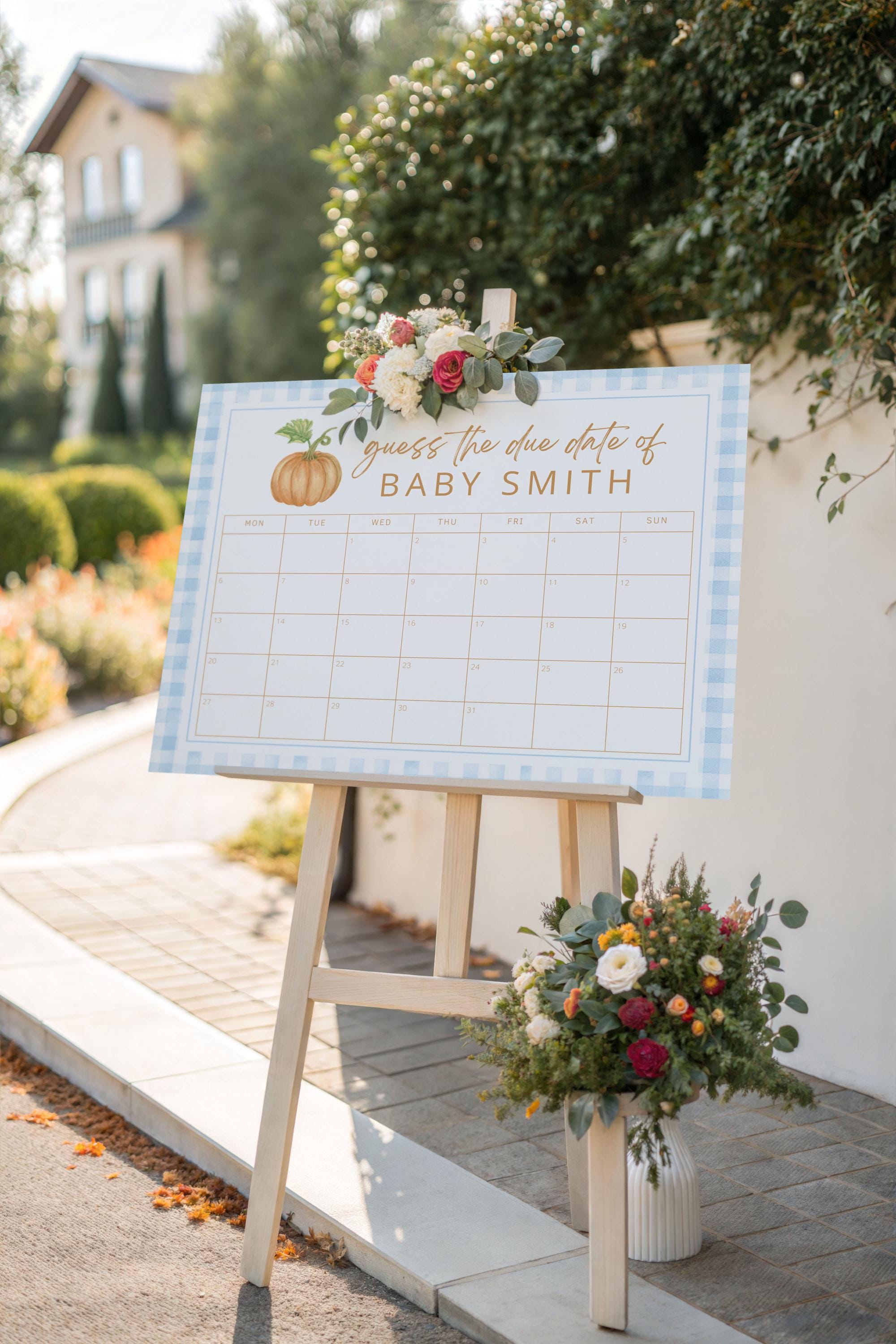 Blue Gingham Pumpkin Due Date Calendar A Little Pumpkin is on the Way ...