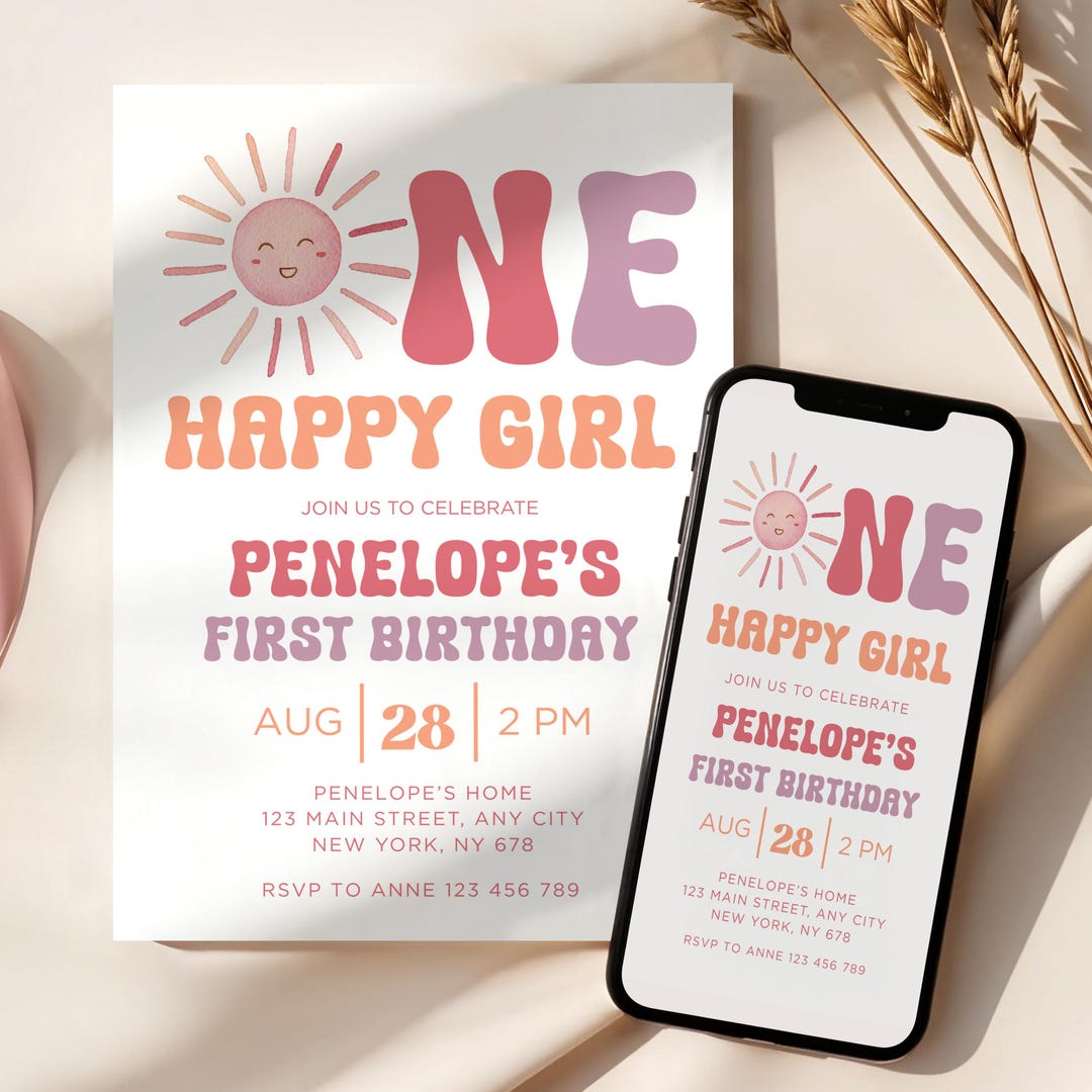 Editable One Happy Girl Birthday Invite: Retro 1st Birthday Party ...