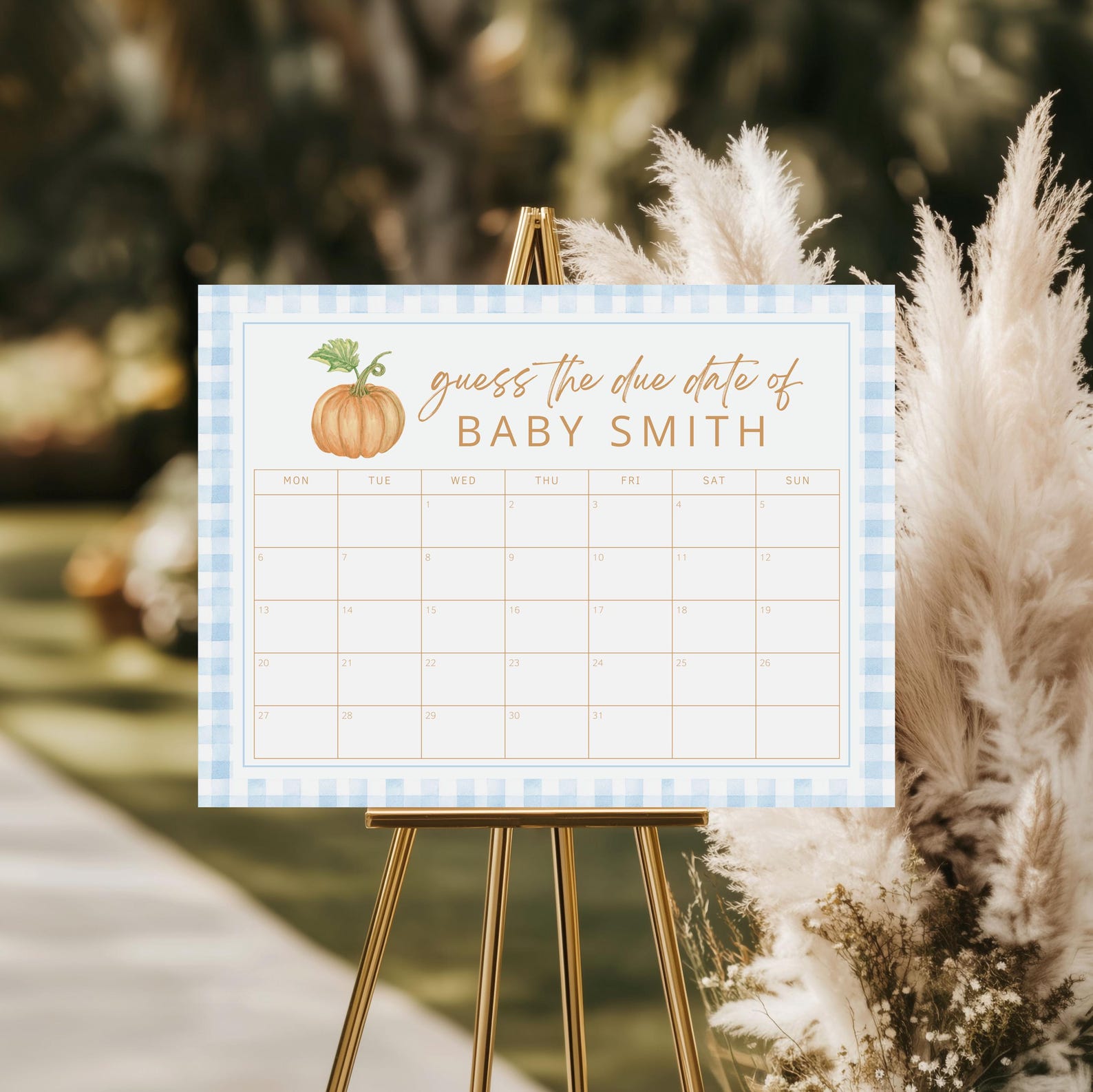 Blue Gingham Pumpkin Due Date Calendar A Little Pumpkin is on the Way ...