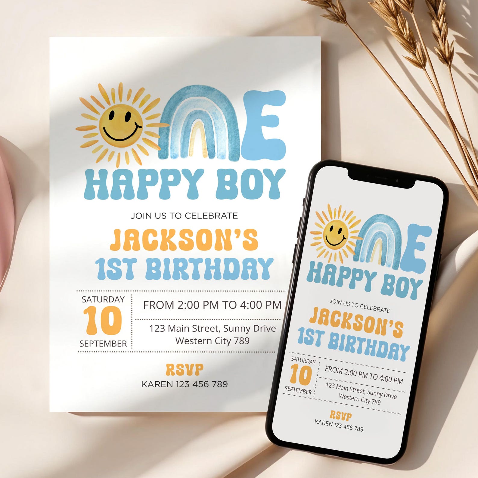 Editable One Happy Boy Birthday Invite, Boho Sunshine Birthday ...