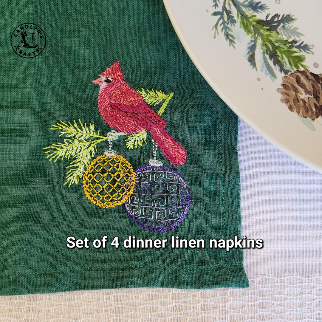 Embroidered Red Cardinal Dinner Napkins, Holiday Bird Bulb Napkins ...