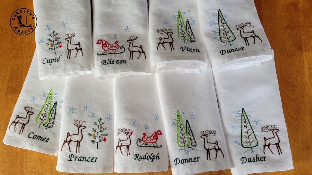 Embroidered Reindeer Dinner Napkins, Rudolph, Handmade, Santa's ...