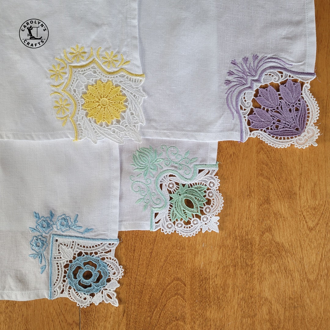 Embroidered Lace Corner Flower Napkins, Linen Napkins, Lace Corner ...