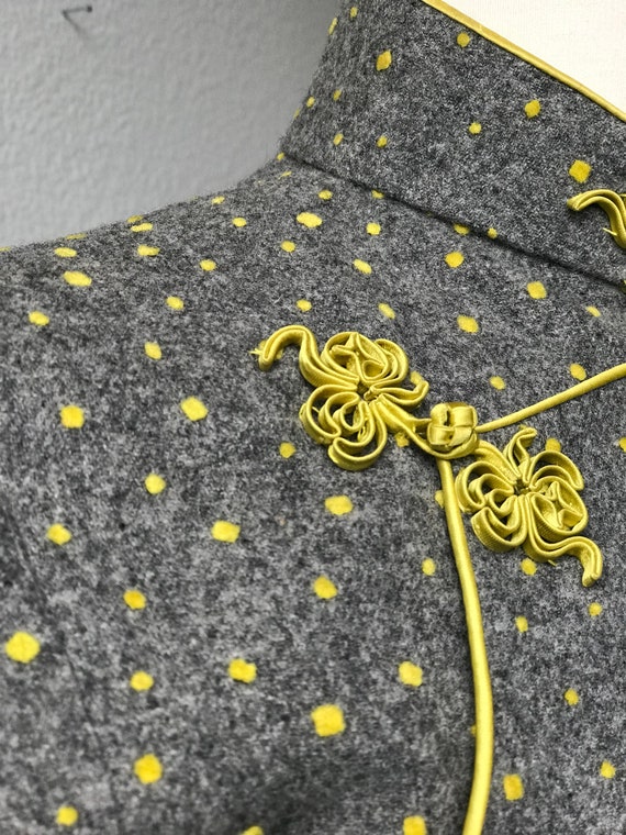 vintage grey wool qipao with yellow polka dots sz xs - Gem