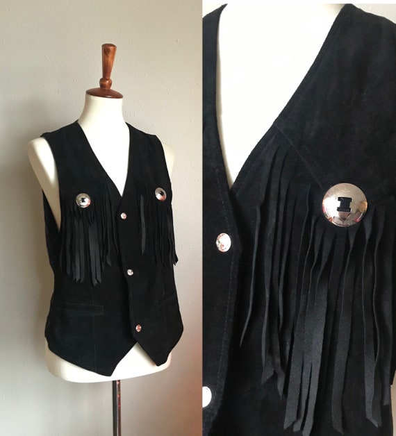 Vintage black leather fringe cowboy vest for women si… - Gem