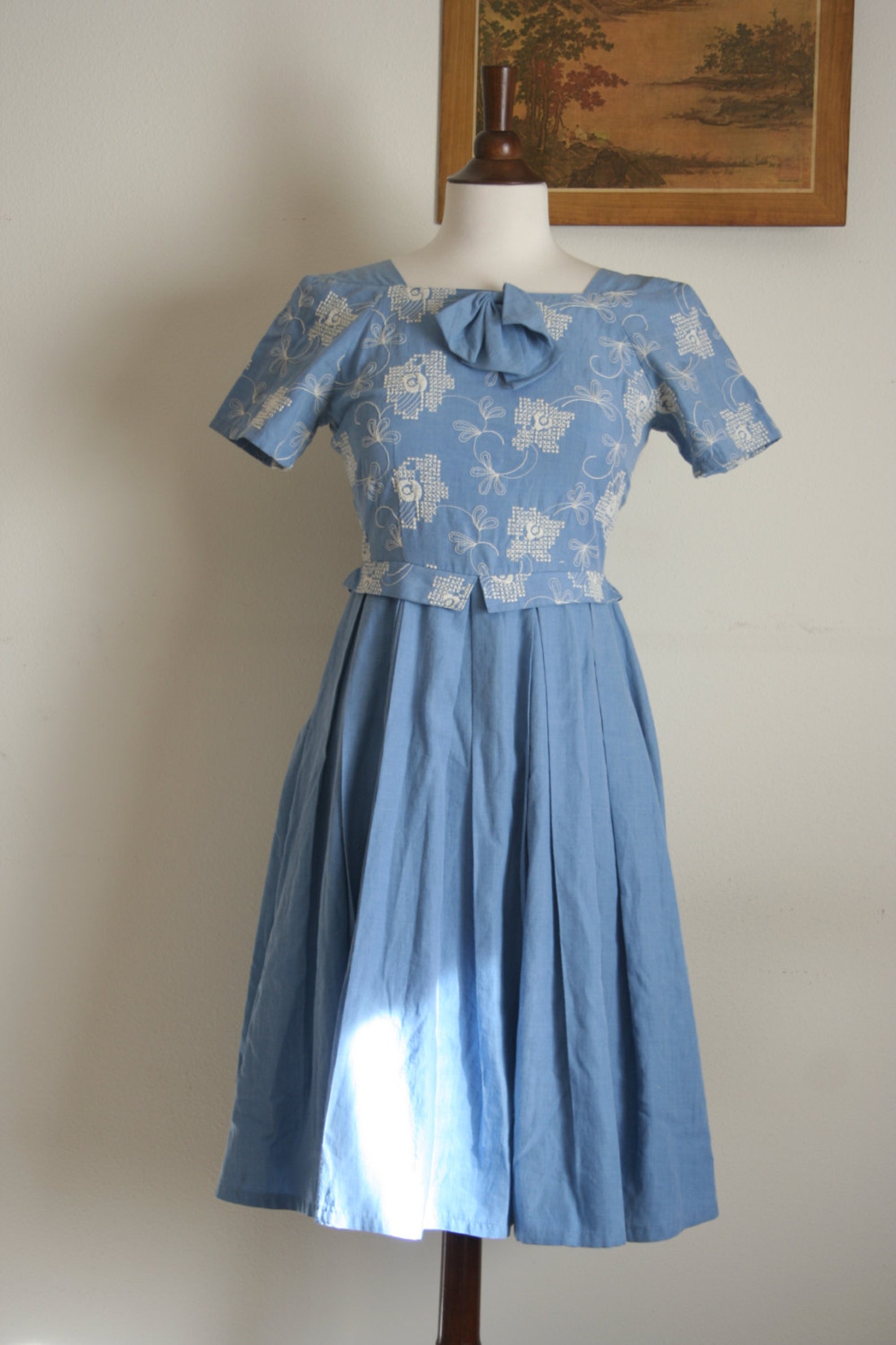 Vintage Cornflower Blue Bow 50's Dress Size S | Etsy