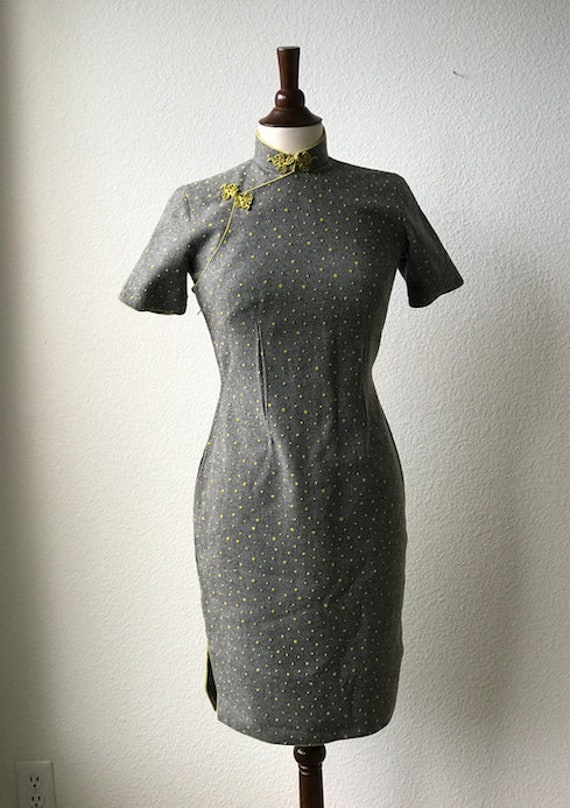 vintage grey wool qipao with yellow polka dots sz xs - Gem