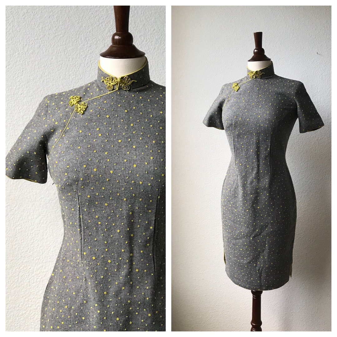 Vintage Grey Wool Qipao With Yellow Polka Dots Sz Xs - Etsy