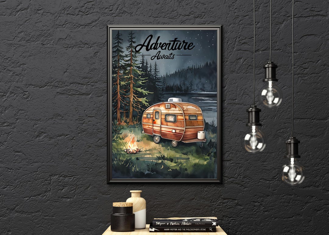 Adventure Awaits Camper Van by Campfire in the Woods, Rustic Wall Art ...