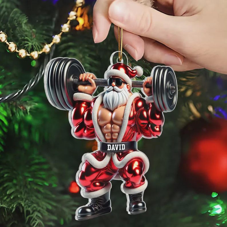 3D Effect Santa Claus Weightlifting Christmas Personalized Acrylic ...