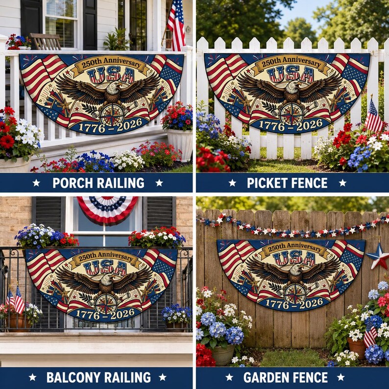 USA 250th Anniversary Half Circle Bunting, Patriotic Eagle Porch Banner ...