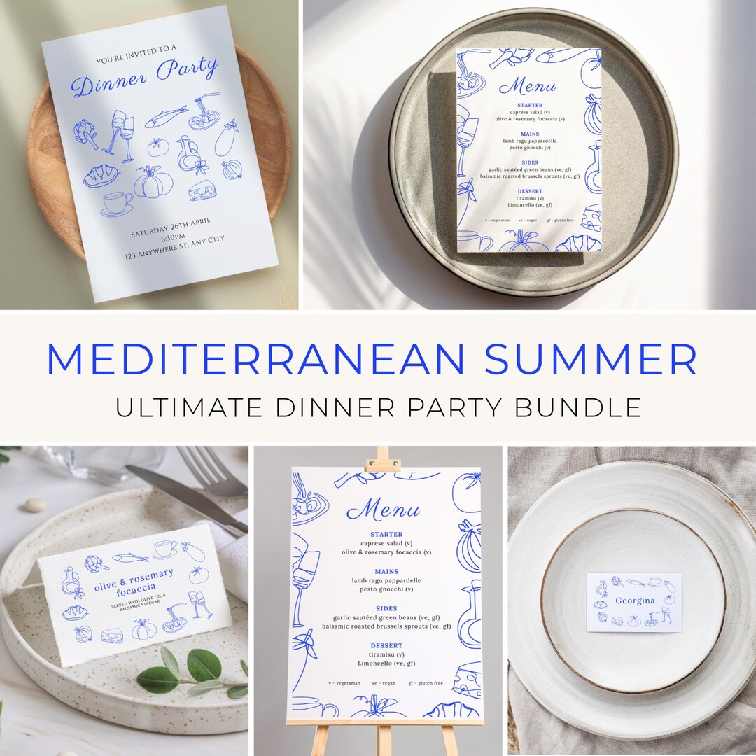 Blue and White Mediterranean Theme Dinner Party Stationery Bundle ...
