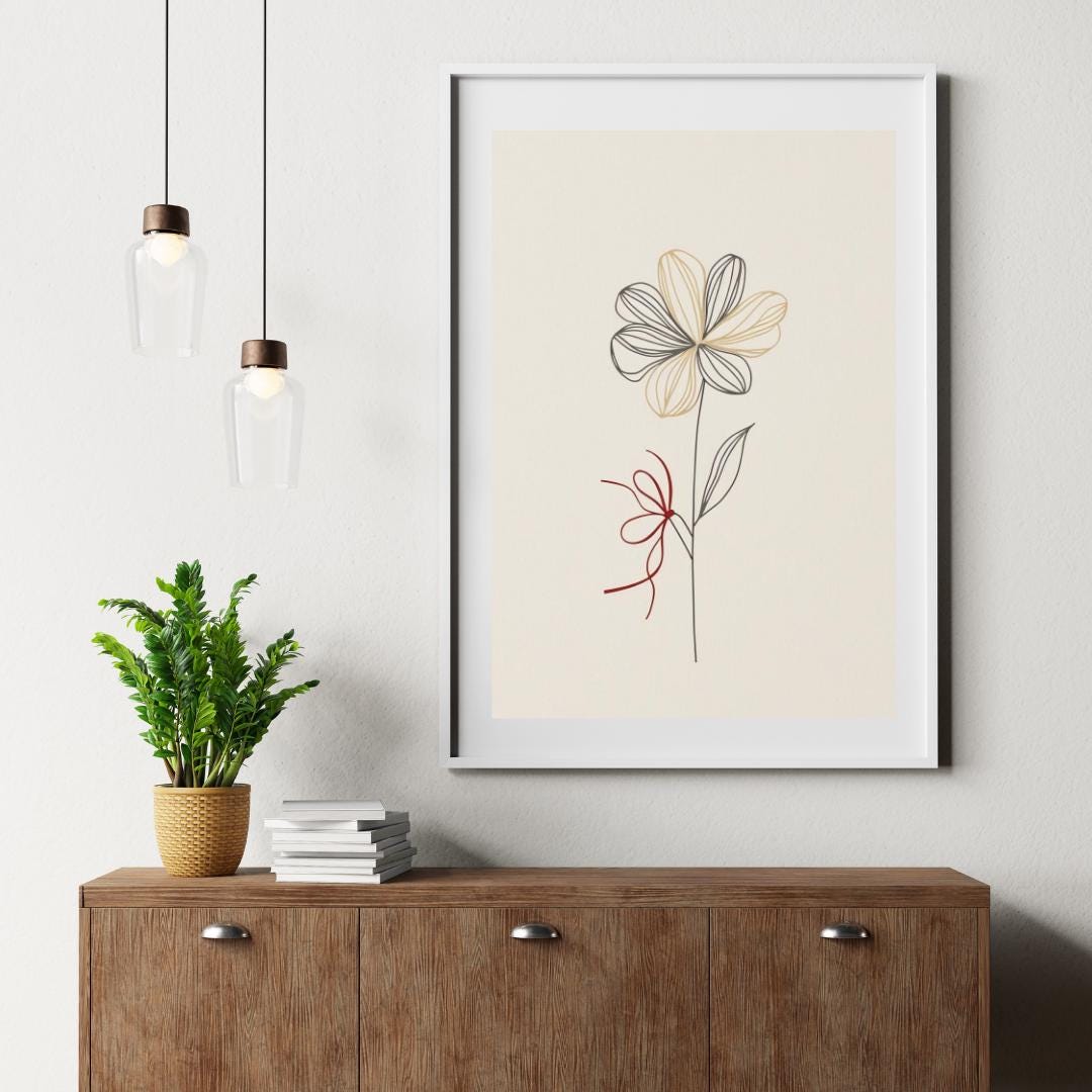 Red Bow Bloom – Minimalist Wall Art Printable | Neutral Floral Line Art ...