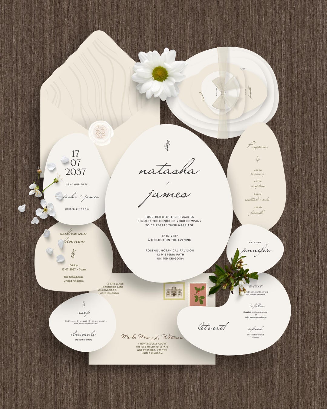 Modern Neutral Wedding Invitation Suite, Elegant Curves Shaped Invite ...