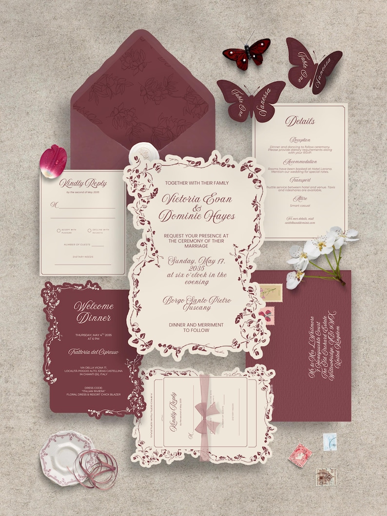 Vintage Burgundy Floral Wedding Invitation Suite, Whimsical Garden ...