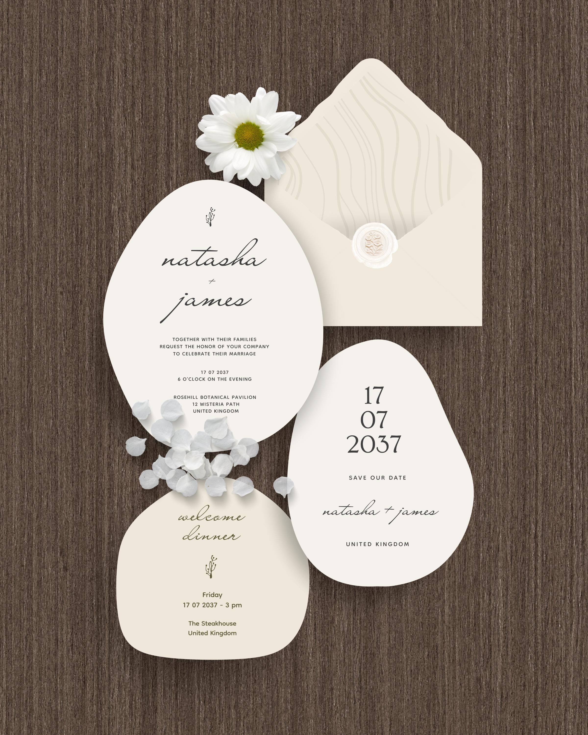Modern Neutral Wedding Invitation Suite, Elegant Curves Shaped Invite ...