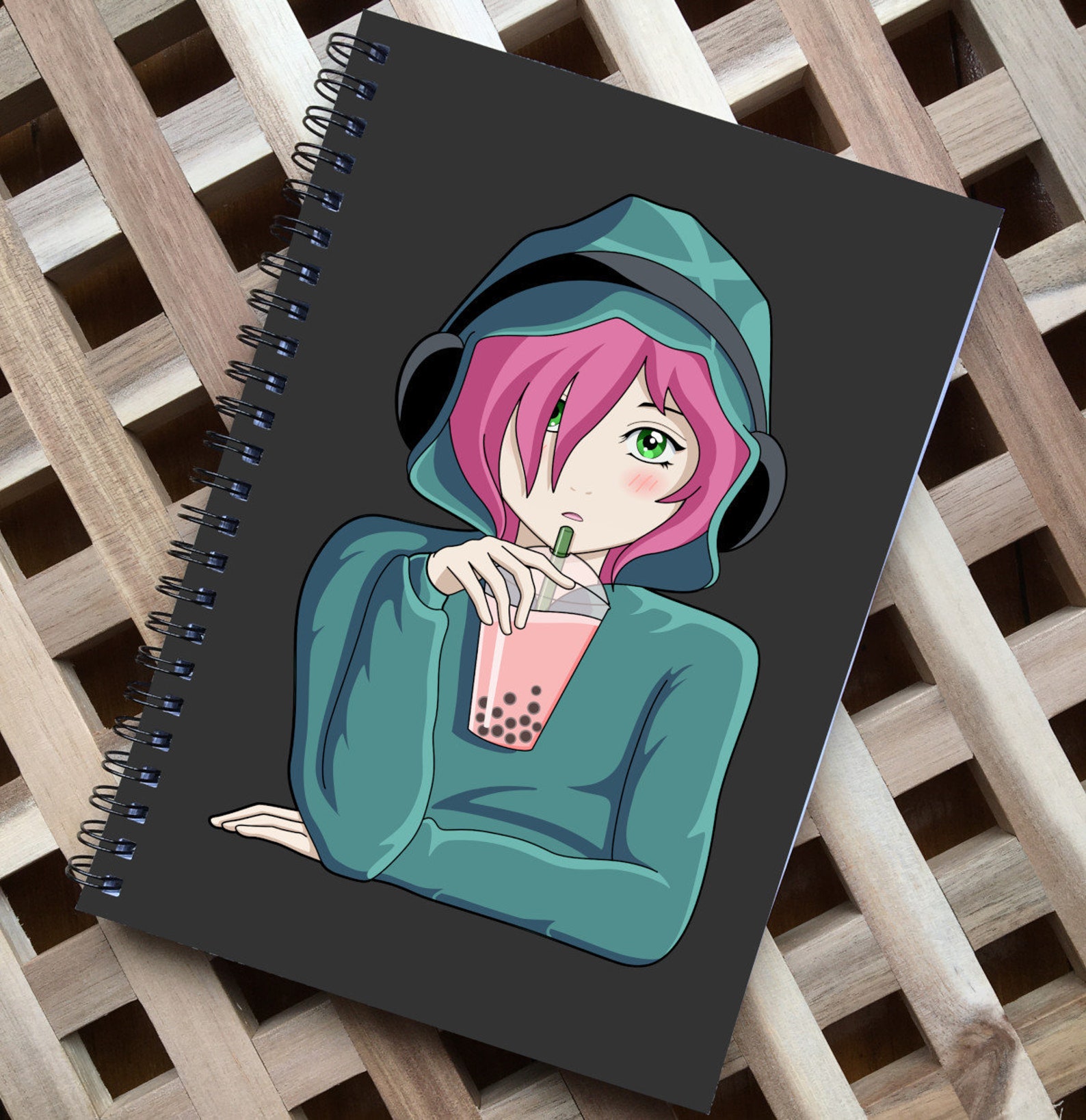 Anime Girl Spiral Notebook Size A5 Listening to Music and | Etsy