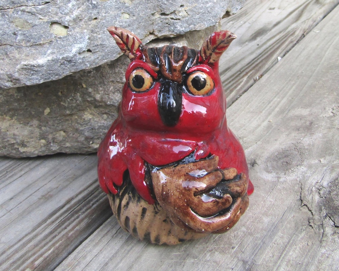 Owl Sculpture - Hand Built Owl - Pottery Sculpture - Clay Animals - Red ...