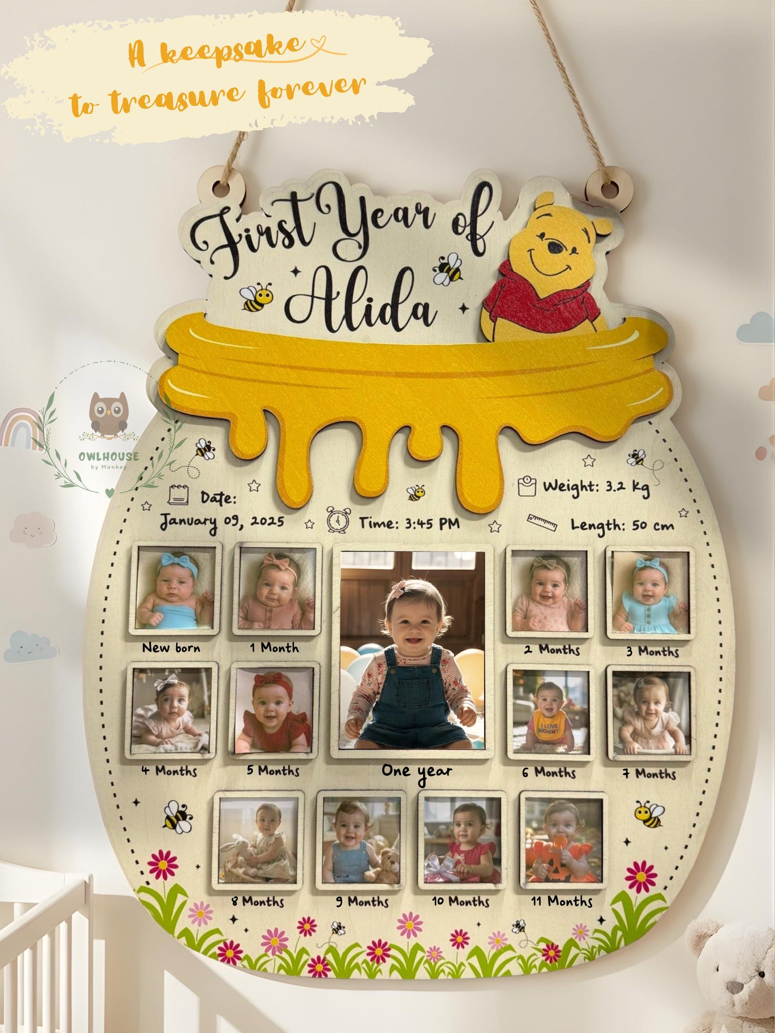 Personalized Honey Pot First Year Photo Board, Baby Milestone Display ...