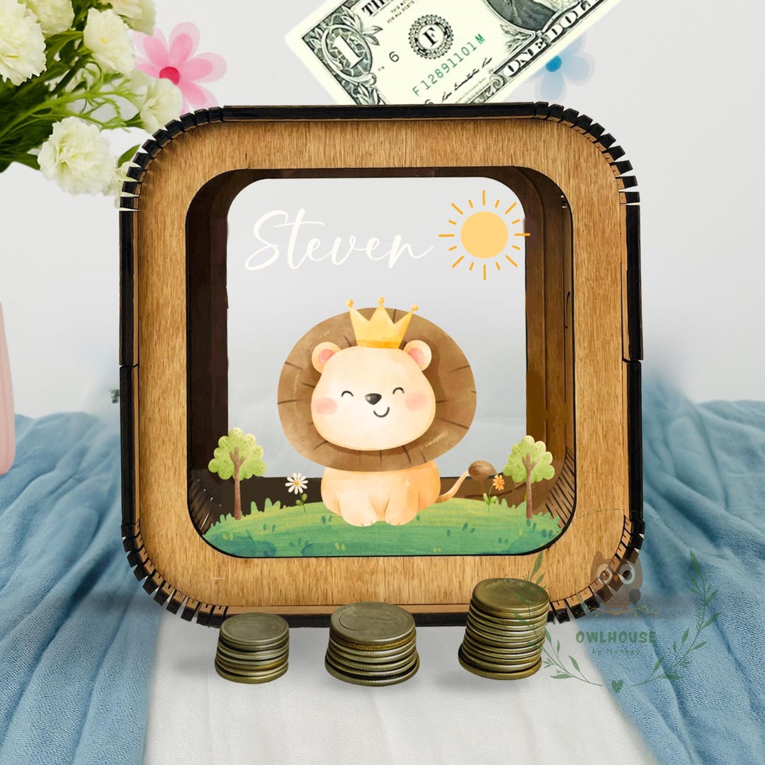 Personalized Lion Piggy Bank, Custom Name Coin Box, Jungle Nursery ...