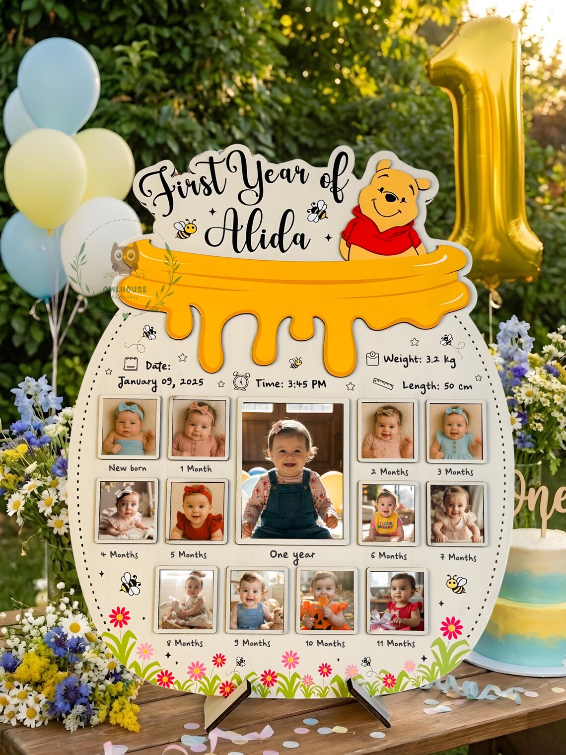 Personalized Honey Pot First Year Photo Board, Baby Milestone Display ...
