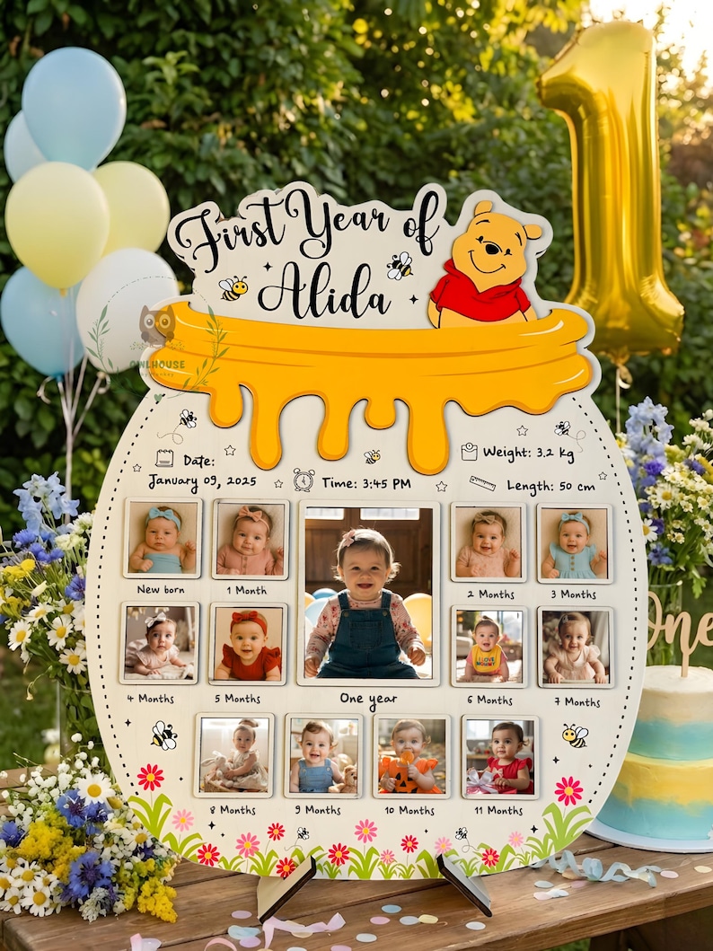 Personalized Honey Pot First Year Photo Board, Baby Milestone Display ...