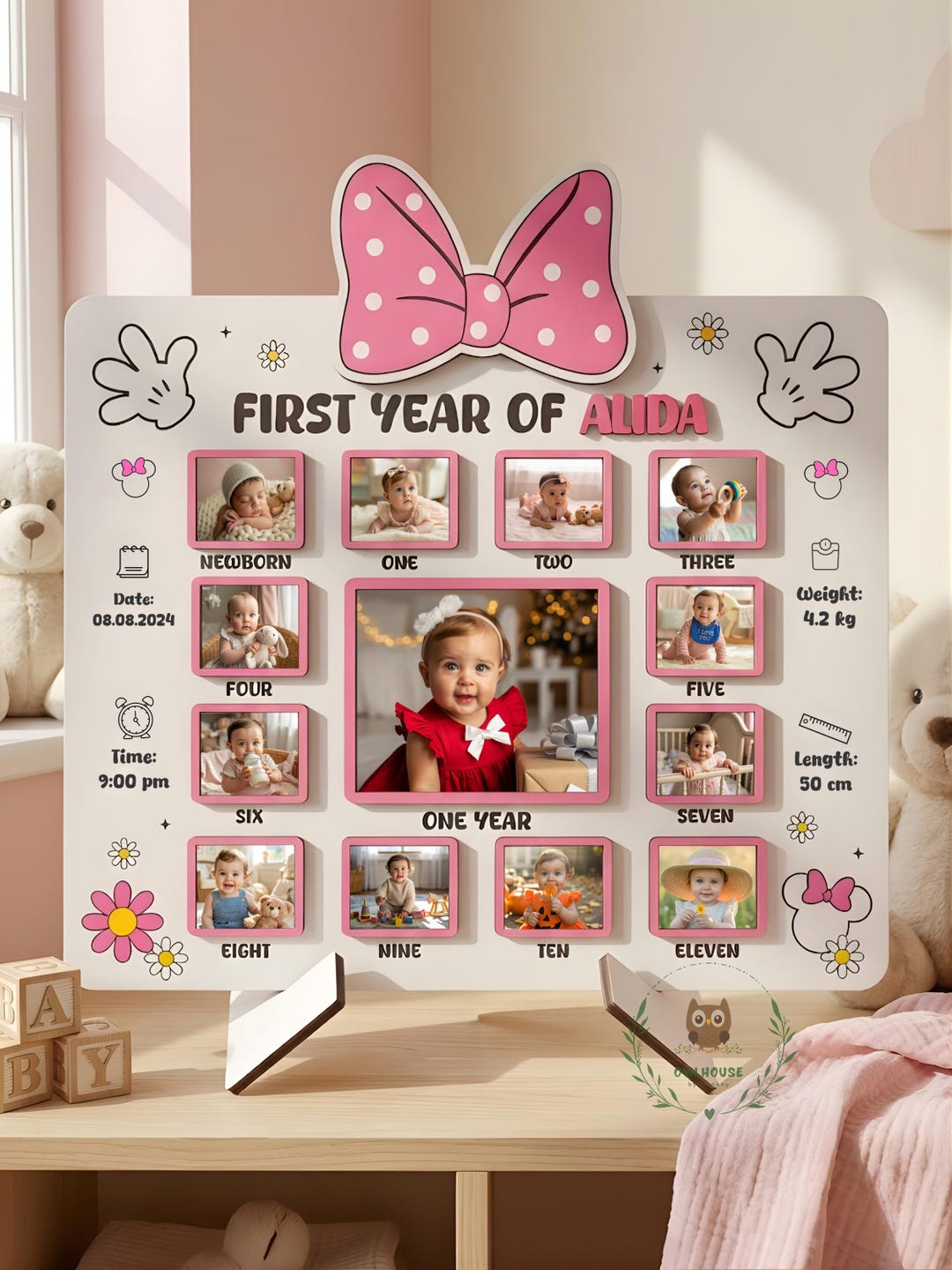 Custom Pink Baby First Year Photo Board, 12 Month Display, First ...