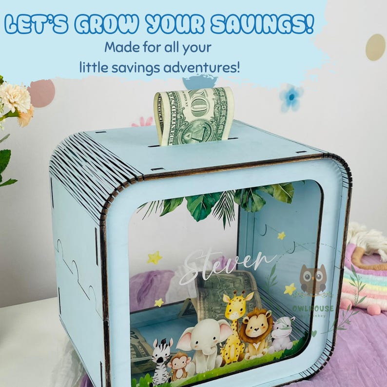 Personalized Safari Piggy Bank, Custom Name Coin Box, Wild One Birthday ...