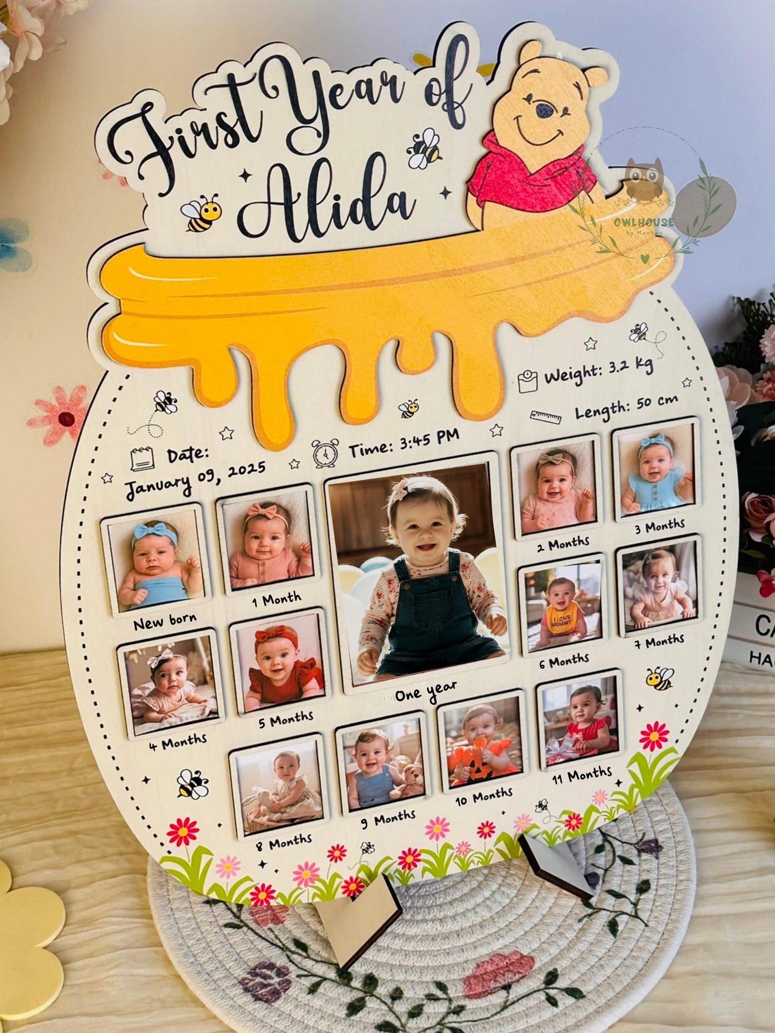 Personalized Honey Pot First Year Photo Board, Baby Milestone Display ...