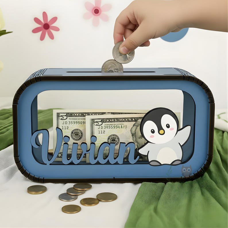 Custom Penguin Money Box, Personalized Penguin Piggy Bank, Wood Piggy ...
