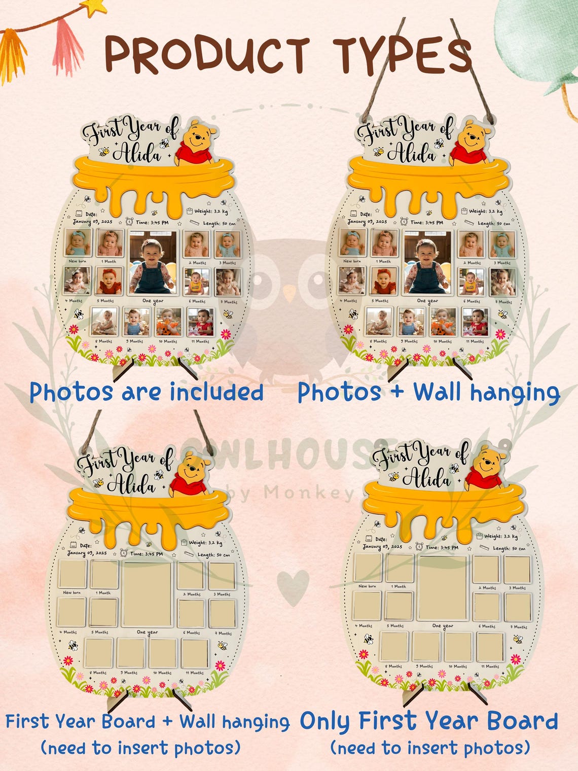 Classic Honey Bear Baby First Year Board, Personalized Photo Milestone ...