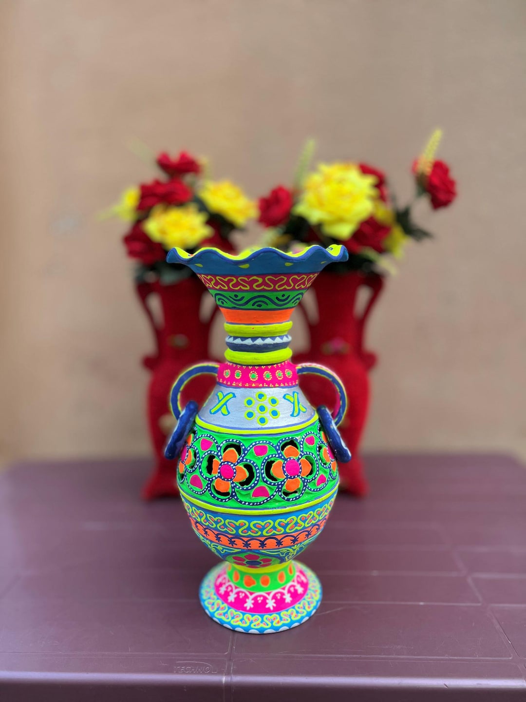 Hand Painted Pakistani Truck Art Clay Vase – Bright Boho Decor ...