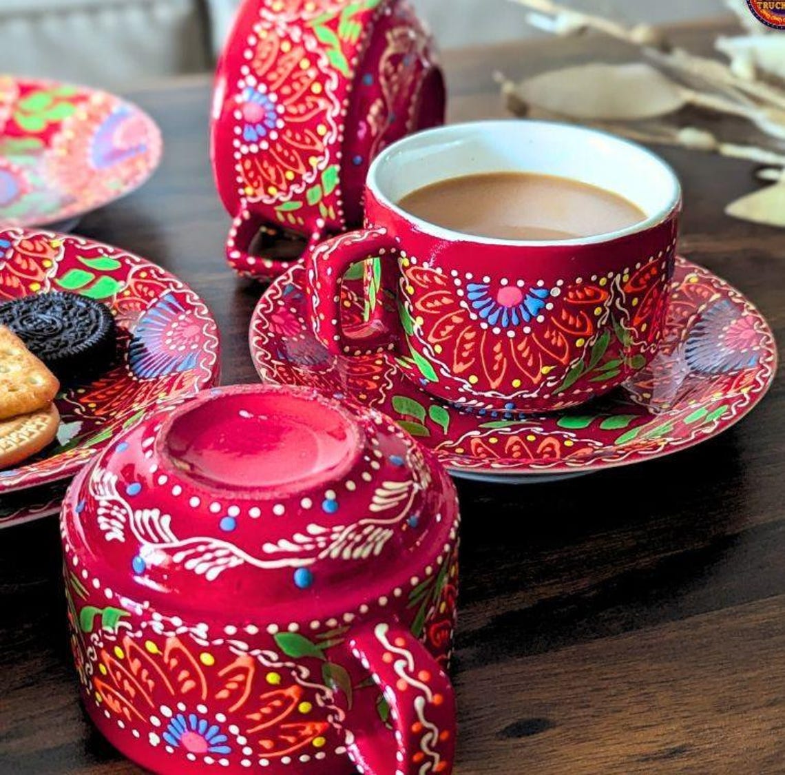 Hand Painted Mandala Tea Cup Set: Pakistani Truck Art Ceramic Cups ...