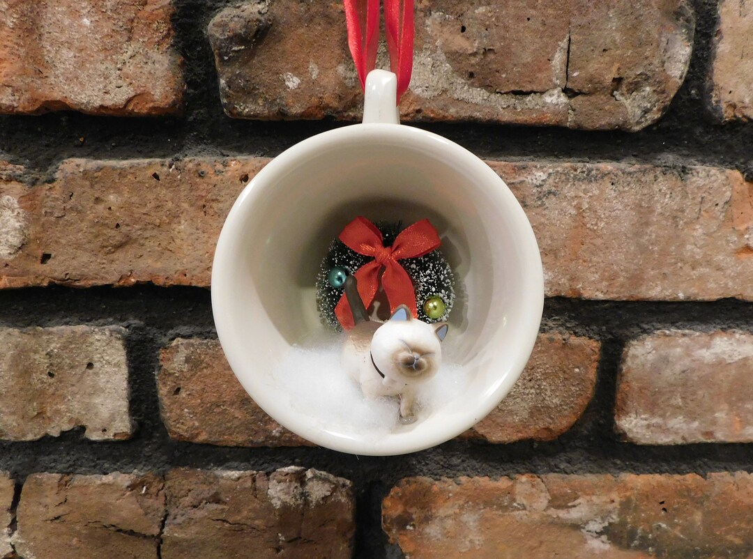 Cat Teacup Christmas Ornament - Siamese Cat With Mini Wreath and Snow ...