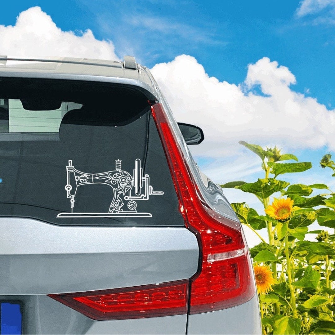 Vintage Sewing Machine Car Decal, Unique Car Decoration Graphic, White ...