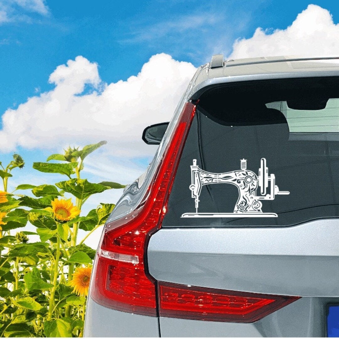 Vintage Sewing Machine Car Decal, Unique Car Decoration Graphic, White ...