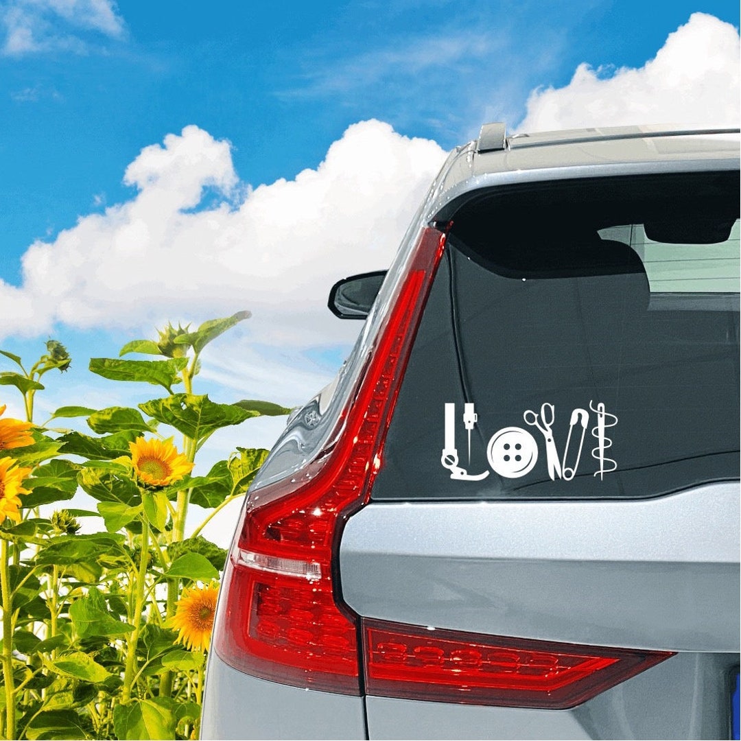 Love Sewing Theme Car Decal, Unique Car Decoration Graphic, White ...