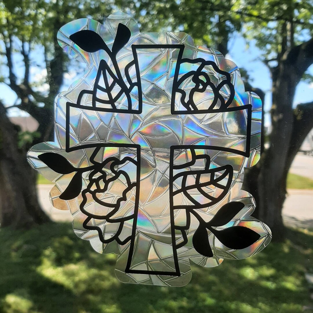 Floral Cross Suncatcher, Reusable Static Cling Window Decor ...
