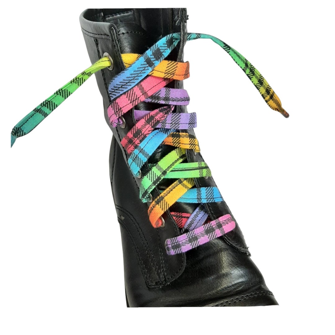 Rainbow Plaid Thick Shoelaces, Handmade Footwear Accessory, Flat Cotton ...