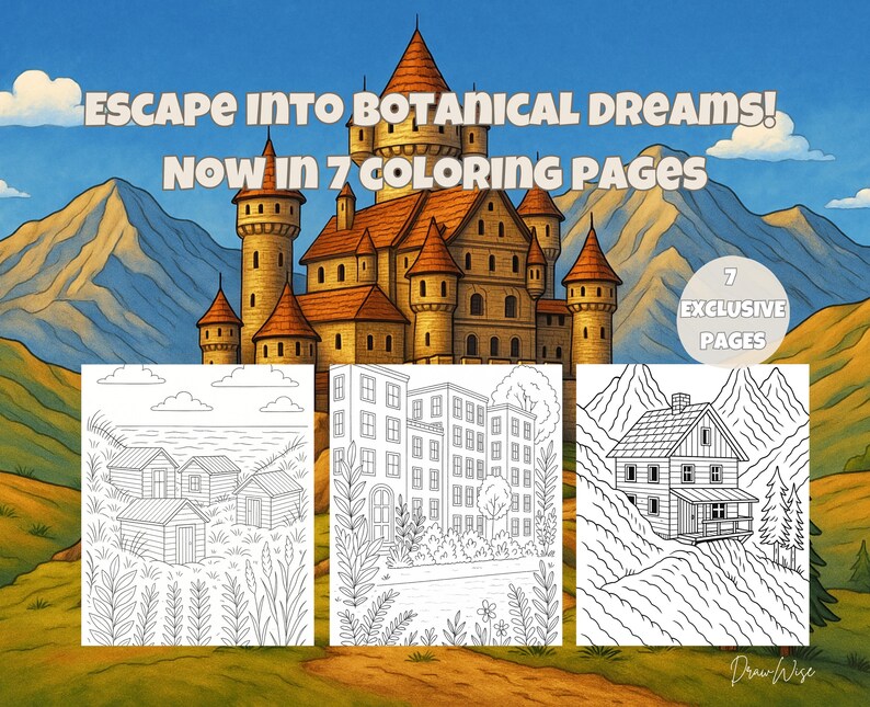 Botanical Coloring Pages | Printable PNG Line Art of Houses, Castles ...