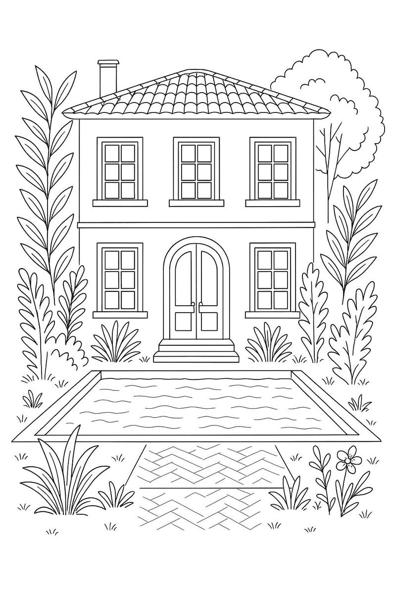 Botanical Coloring Pages | Printable PNG Line Art of Houses, Castles ...